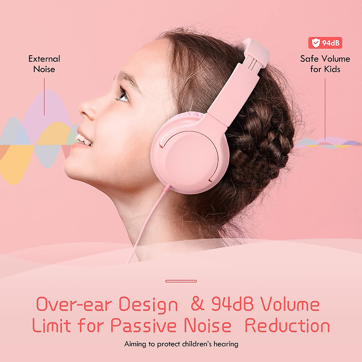 Kids Headphones, 94dB Volume Limit Wired Headphone for Kids, Foldable Lightweight Toddler Headphone Over Ear for School Airplane Travel, Soft Earmuff, 3.5mm Wired Headset for iPad Chromebook Girls Boy