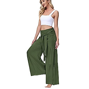 Atoindemiy Women's Boho Elastic High Waisted Ruffle Hem Wide Leg Loose Yoga Palazzo Pants with Belt (XL, SLJH004)