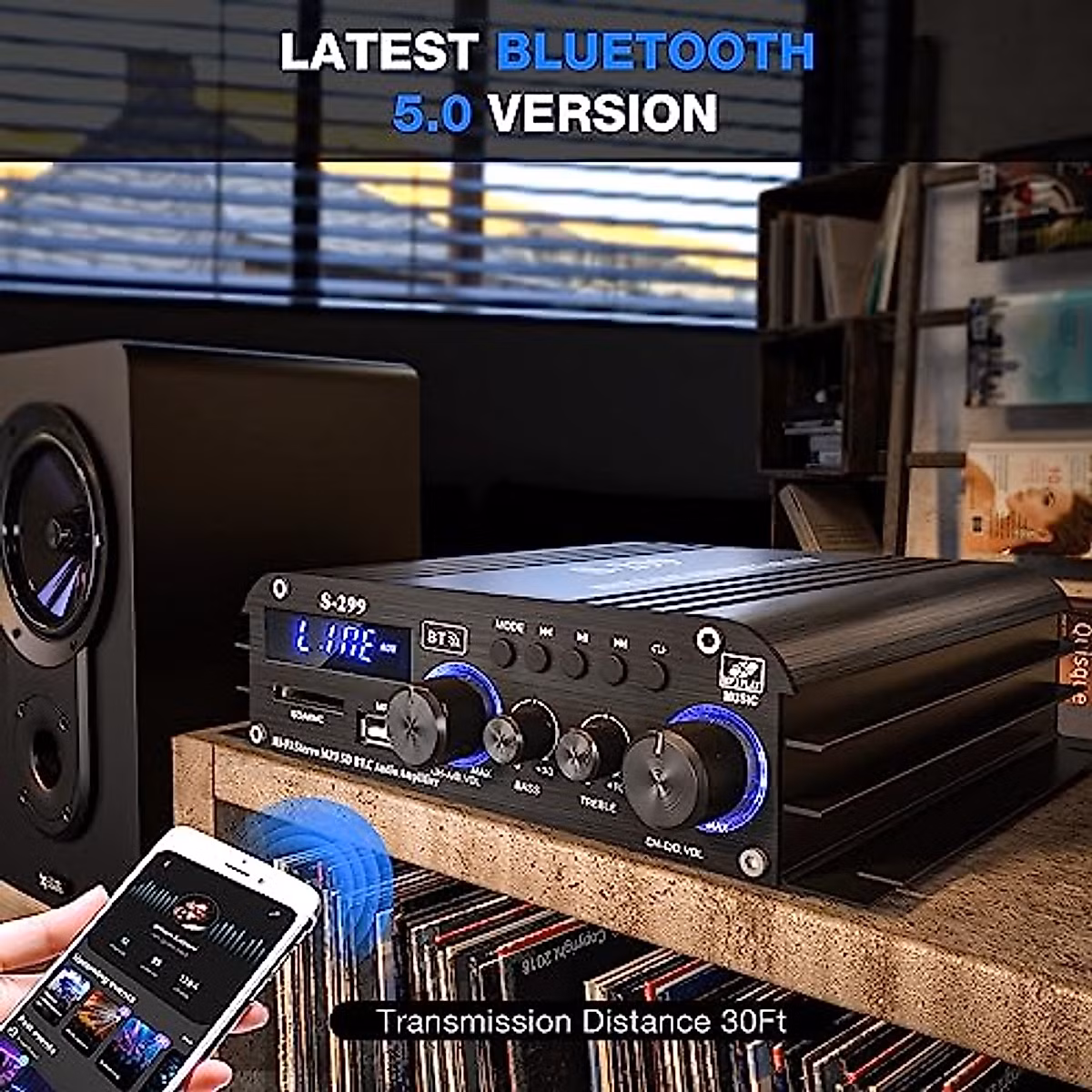 Facmogu S-299 4.1CH Bluetooth Power Amplifier with Active Subwoofer Output Max 800W RMS 40Wx4 Subwoofer Amplifier Hi-Fi Integrated Mini Speaker Amp Audio Sub Bass Amp Remote Control & 12V Power Supply