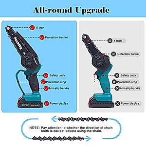 Electric Chainsaw Cordless Mini Saw 6 Inch Battery Powered Chainsaw Rechargeable Small Power Saws Arborist Hand Chain Saw for Wood Pruning, w/ 2 Lithium Batteries & 2 Carbide Chains