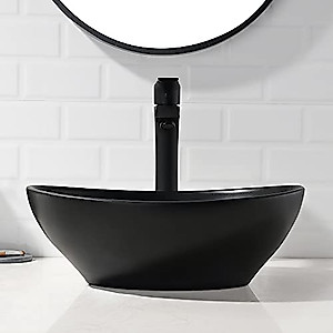 Black Oval Bathroom Sink with Faucet and Drain Combo - VASOYO 16"x13" Matte Black Bathroom Vessel Sink Above Counter Oval Porcelain Ceramic Bathroom Vessel Vanity Sink, Faucet and Drain Combo