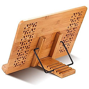 SUNFICON Large Cookbook Stand Holder Bamboo Book Stand Holder Home Office Reading Rest Textbook Recipe Music Document Tablet Display Stand Collapsible Adjustable Tray Family Friends Students Gift Idea