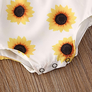 Kuriozud Baby Girl Sunflower Romper Newborn Infant Off Shoulder Bodysuit One Piece Summer Clothes (Sunflower White + Headband, 0-6 Months)