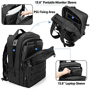 PGmoon Tactical Game Backpack Compatible with PS5/PS5 Slim/PS5 Pro/PS4 Console, Travel Carrying Case Storage Bag for 15.6" Laptop, Portable Monitor, Controller and Other Gaming Accessories