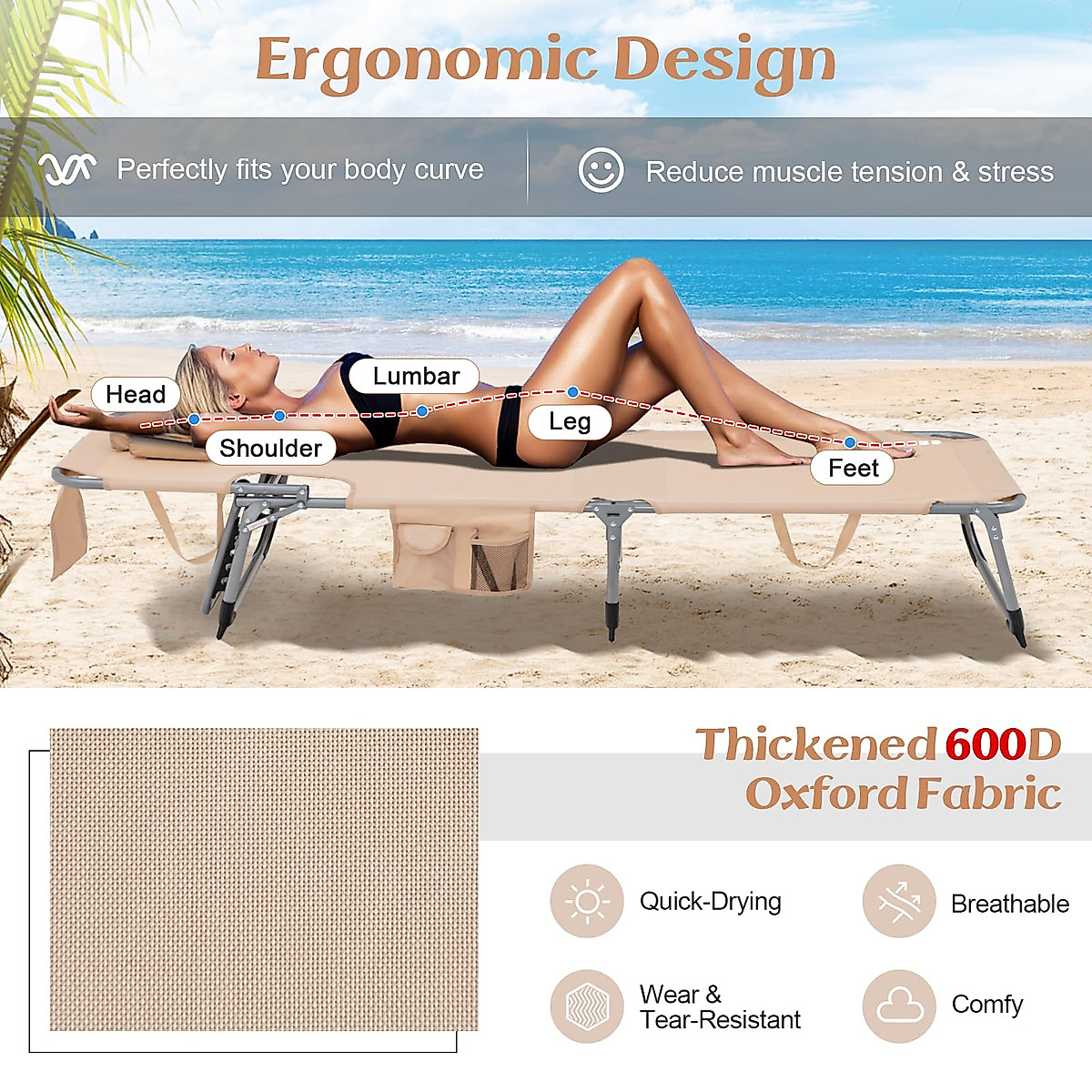 Moccha Folding Tanning Chair, Beach Lounger with Face Hole, 5-Position Adjustable Backrest, Side Pocket, Removable Pillow, Portable Bench Lounge Chairs for Outside Patio Pool Lawn (1, Beige)