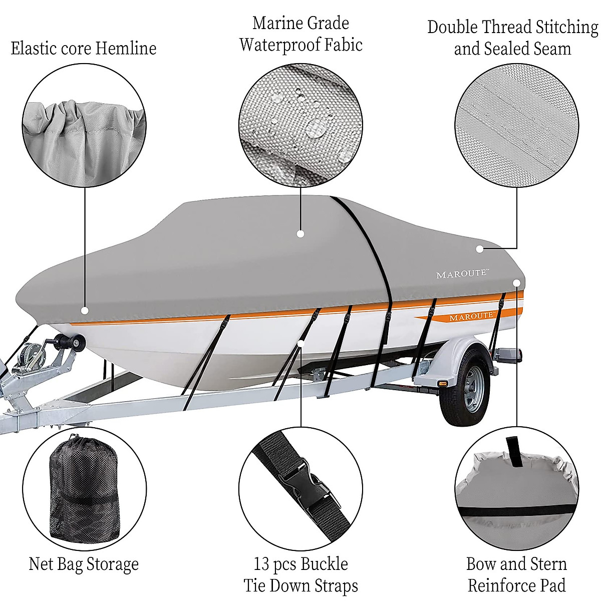 Boat Cover, MAROUTE 600D Waterproof Trailerable Marine Grade Polyster Canvas Fits V-Hull, Tri-Hull Fishing Boat, Runabout, SKi Boat, Bass Boat, up to (Length 17ft-19ft Beam Width Up to 96")