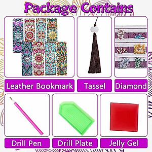 8 Pieces 5D Diamond Rhinestone Painting Bookmark PU Leather Bookmarks Art Beaded Rhinestone Mandala Floral Bookmark with Tassel for Adults