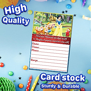 Set of 20 Snow White -Themed Happy Birthday Invitation Cards & Envelopes - Lightweight (240g), Postcard Style Invites for the Perfect Party Pack