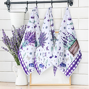 Funtery Set of 4 Purple Lavender Kitchen Towel Decoration Set Purple Flower Hand Towels Spring Themed Absorbent and Soft Purple Towels Buffalo Plaid Dish Towel Boho Farmhouse Decor, 16 x 26 Inches