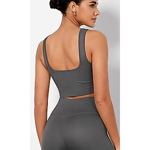 ODODOS Seamless Square Neck Sports Bra for Women Ribbed Crop Tank Casual Low Back Cropped Tops, Charcoal, Medium/Large