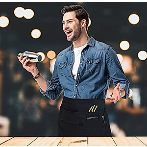 TEXVIDA 7 Pockets Server Aprons with Zipper Pocket (2 Pack) - Commercial Grade Aprons for Women Men - Waiter Waitress Waist Half Apron - Black 24x12