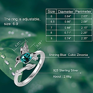 Jewever 925 Sterling Silver Hummingbird ring with Blue Cubic Zirconia for Women Jewelry Gift Silvery Adjustable 6-9#