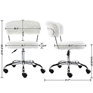 White Home Office Chair Cute Fluffy Vanity Chair with Back Task Upholstered Fur Armless Swivel Desk Chair for Study Room, Height Adjustable