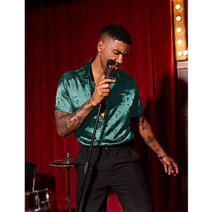 COOFANDY Men's Jacquard Satin Button Down Shirts Short Sleeve Silk Shirts Casual Summer Beach Shirt Green Large