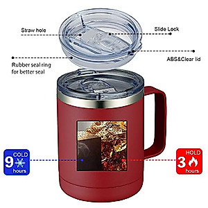 MEWAY 12oz Coffee Mug With Handle and Sliding Lid,Stainless Steel Travel Tumbler Cup with Handle,Double Wall Vacuum Insulated Camping Cup for Hot & Cold Drinks Tea (Red,Set of 1)