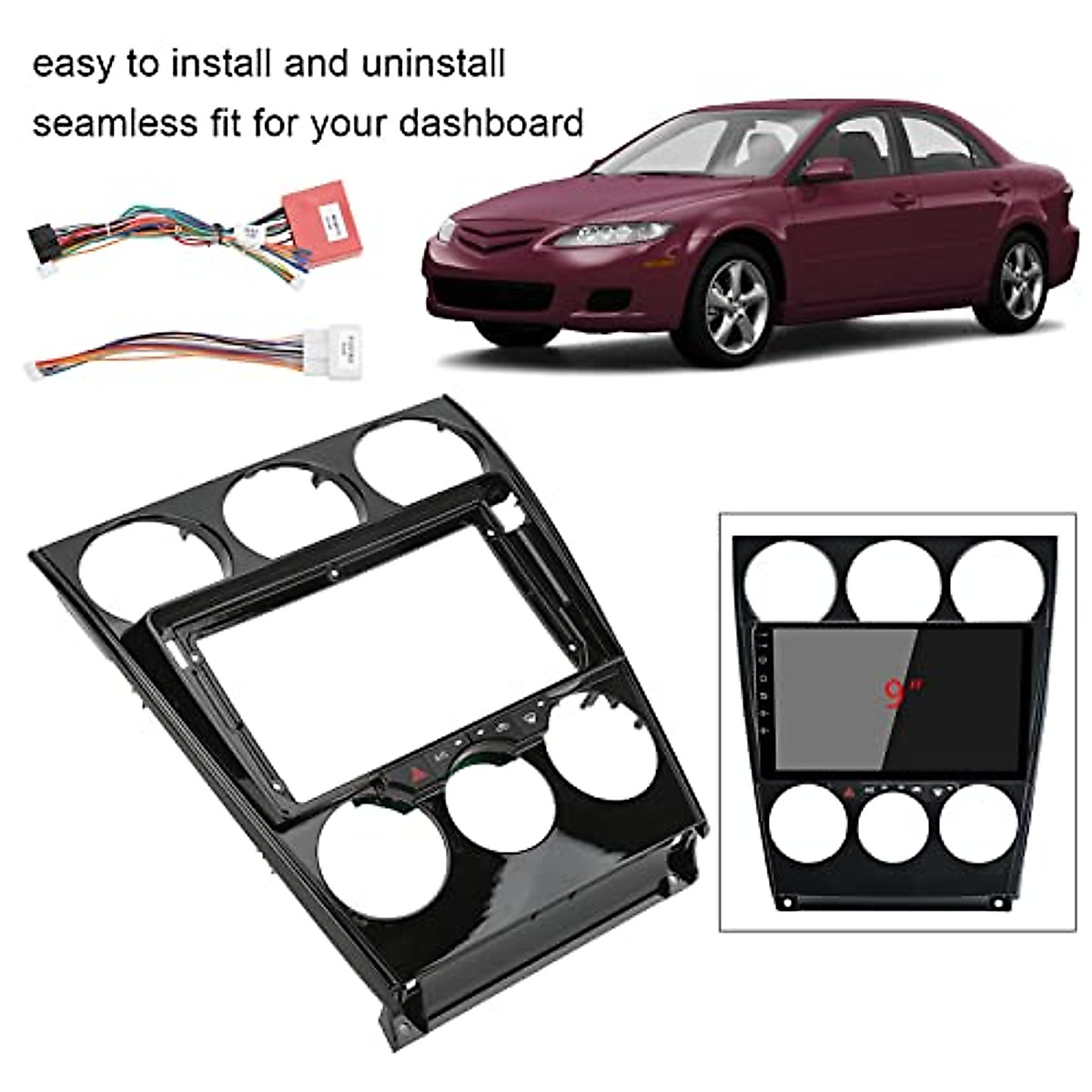 Dash Mounting Kits, Fydun 9 inch 2 Din Black Plastic Radio Stereo Fascia Navigation Frame for Mazda 6 2004‑2016