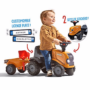 Falk Case CE Tractor with Trailer, Rake and Shovel, Rake and Shovel, 2 Sets of Stickers, Push Ride-On Toy for Toddlers +1 Year FA297C