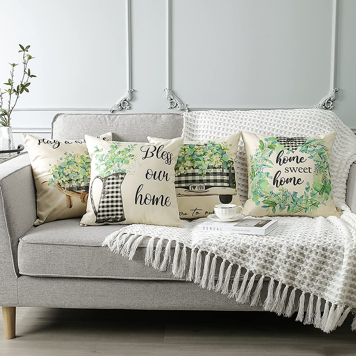 OTOSTAR Waterproof Outdoor Throw Pillow Covers Pack of 4 Spring Decorations for Home Pillow Covers 18x18 Inch Garden Pillowcase Leaf Cushion Case for Summer Holiday Couch Patio Decor (Eucalyptus E)