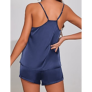 Ekouaer Women's Silk Satin Pajamas Sets Soft Cami Shorts Pjs Sets Sleepwear Navy Blue