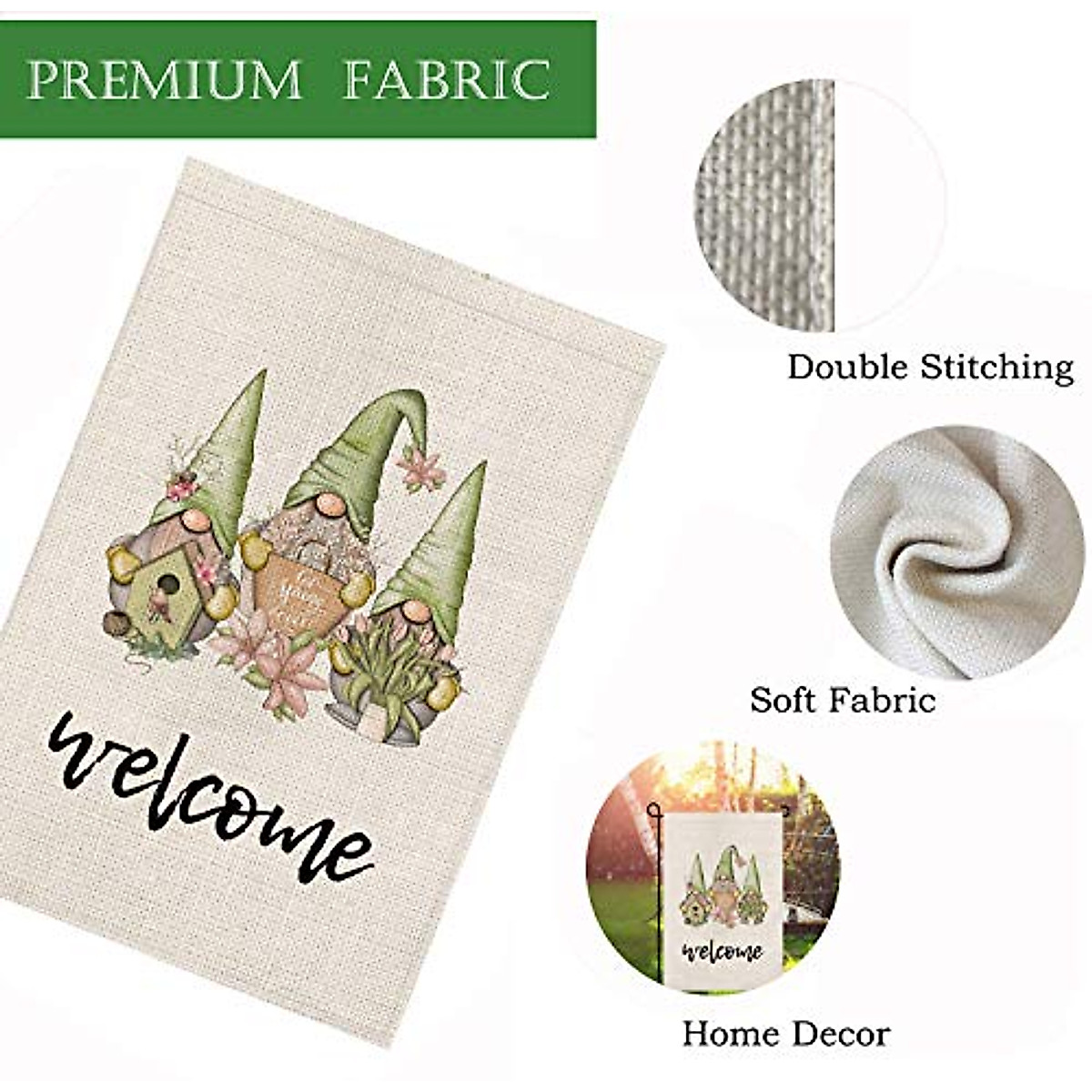 Spring Welcome Gnomes Garden Flag Burlap Summer Outdoor Decorations Double Sided Vertical Farmhouse Flags Yard Decor 12.5 x 18 Inch