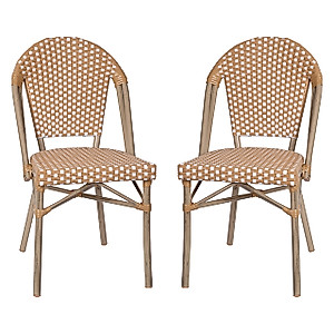 EMMA + OLIVER Colmar Bistro Chair - Natural & White Woven PE Seat and Back - Light Bamboo Finish Aluminum Frame - Set of Two