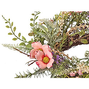 RIBC 11 Inch Wildflower Artificial Floral Candle Ring in Green, Pink and Purple with Natural Twig Base - Candle Holder for Pillar Candles and Glass Hurricanes, Green, Yellow, Pink, Orange