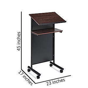 Wheeled Lectern with Storage Shelf - Cherry/Black - Compact Standing Desk for Reading - Laptop Stand