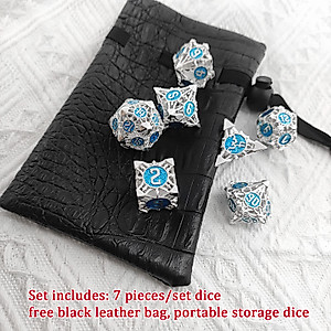 AHDKEJG Metal DND Dice Set D&D Hollow Dungeons and Dragons Gifts Polyhedral D20 Sided Dice RPG MTG Table Games Pathfinder Accessories Role Playing 7pcs D20 D12 D10 D% D8 D6 D4-Silver Blue