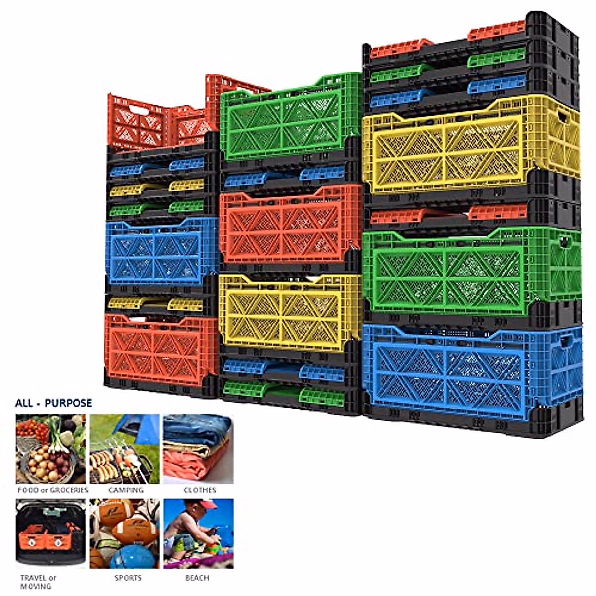 Bigant Heavy Duty Collapsible & Stackable Plastic Milk Crate - Snap Lock Foldable Industrial Garage Storage Bin Container Utility Tote Basket (Blue, 1 Medium Crate)