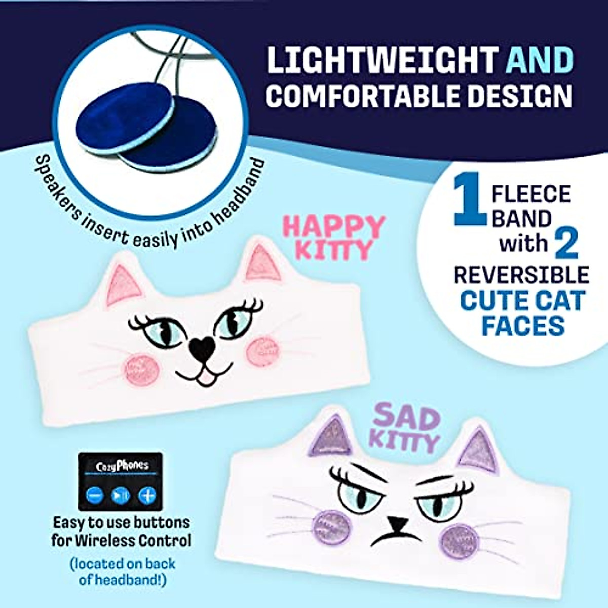 CozyPhones Over The Ear Bluetooth Headband Headphones - Kids Wireless Headphones Volume Limited with Thin Speakers & Super Soft Fleece Headband - Happy and Sad Cat