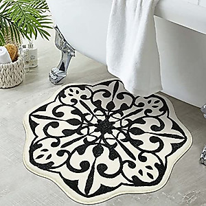 Uphome Snowflake Shaped Boho Rug 3ft Diameter Black Vintage Entryway Rug Cute Non Slip Machine Washable Bathroom Rugs Soft Velvet Floral Aesthetic Throw Rug for Living Room Bedroom Nursery