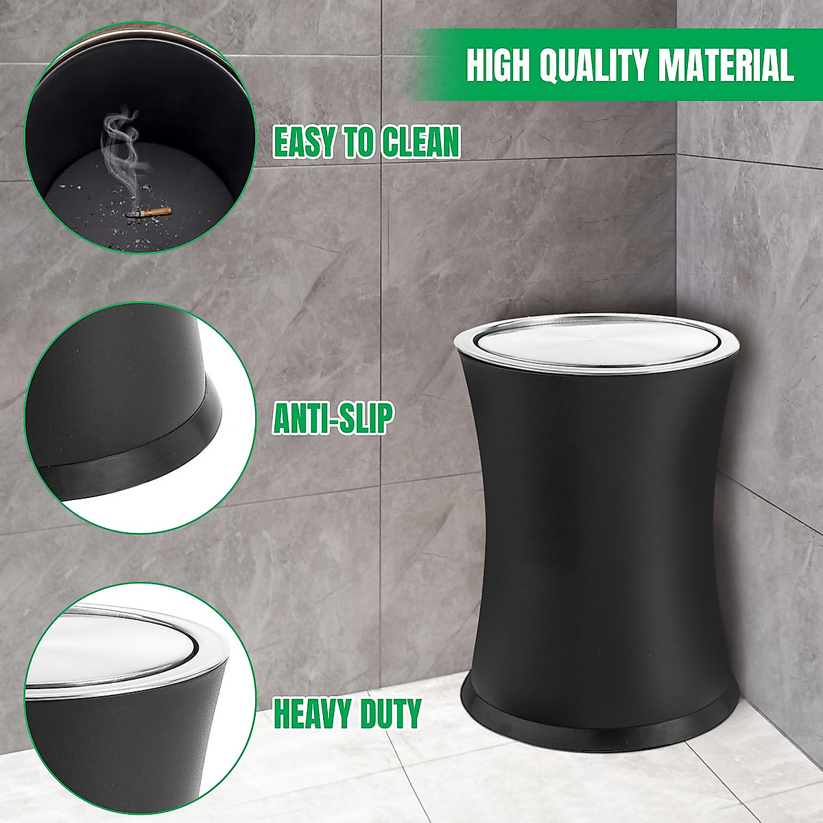 Bennett Swivel-A-Lid Small Trash Can, Metal Attractive 'Center-Inset' Designed Wastebasket, Modern Home Décor, Round Shape (Black)