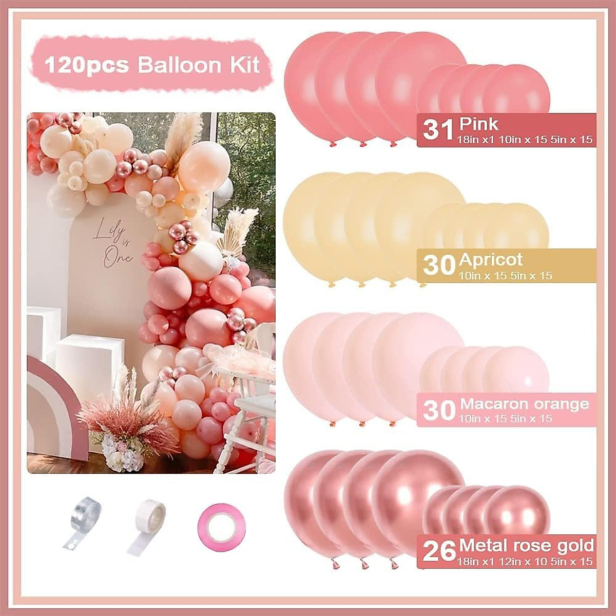 Pink Balloon Arch Kit, 120pcs Macaron Pink Balloon Garland Arch Kit, Orange Apricot and Metallic Rose Gold Balloon for Girls Boho Balloon Arch for Baby Bridal Shower, Birthday Party and Princess Theme