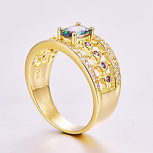 Narica Yellow Gold Plated Women's Vintage Oval Cut Created Blue Sapphire Openwork Ring Wide Band CZ Cubic Zirconia Filled for Mom 9#