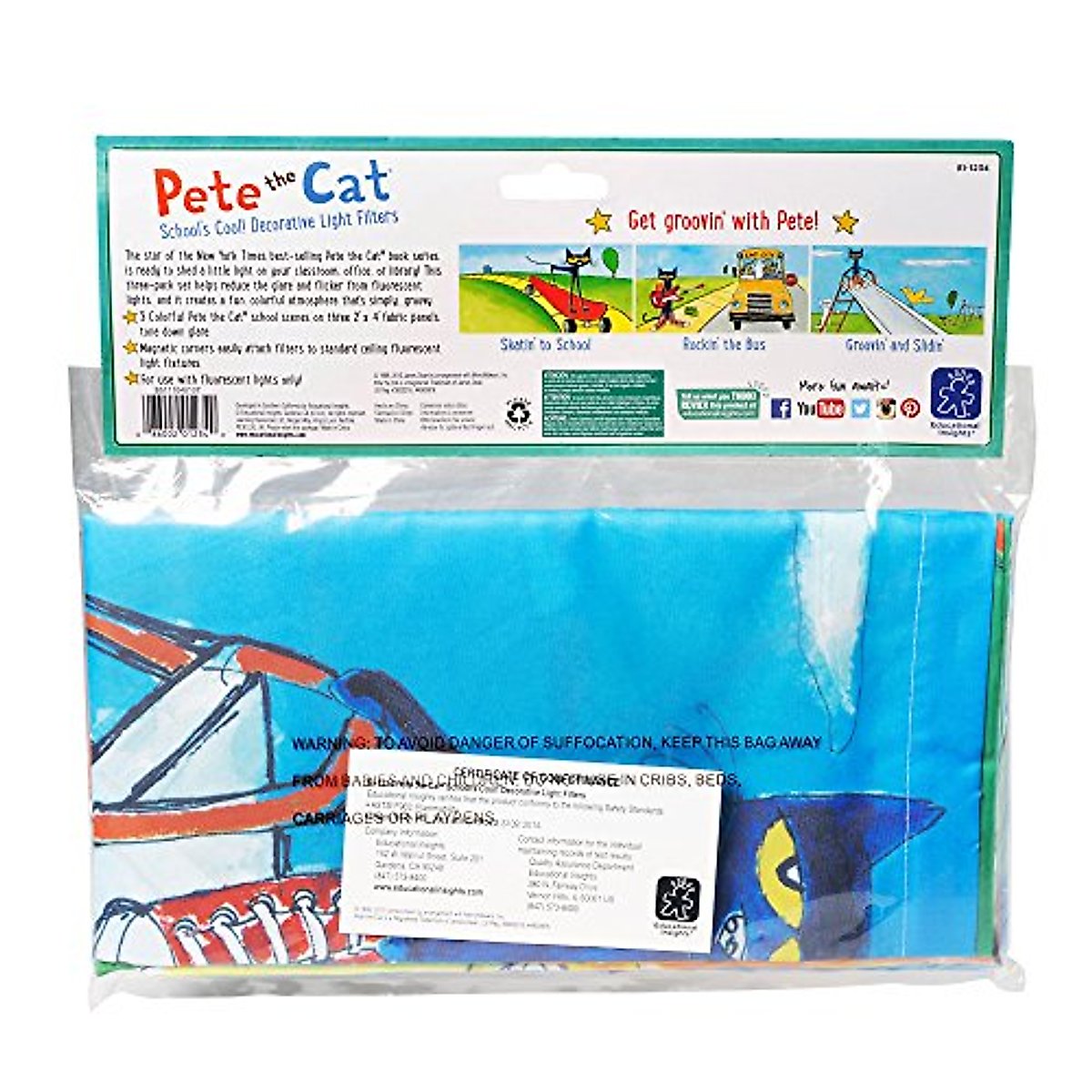 Educational Insights The Original Pete the Cat Decorative Light Filters 3-Pack, Reduce Glare & Flicker, Easy Setup for Office, Hospitals, Home & Classrooms