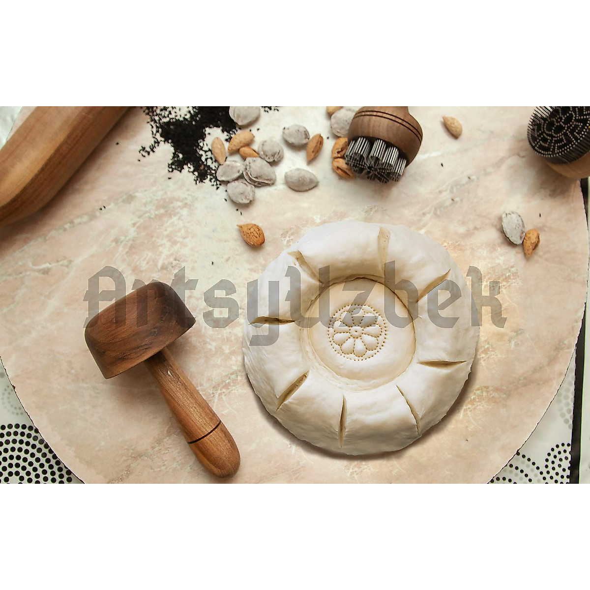 Uzbekistan handmade bread stamp set of two for Uzbek flat bread 1.57 inch / 2.75 inch diameter + lepeshka bread recipes
