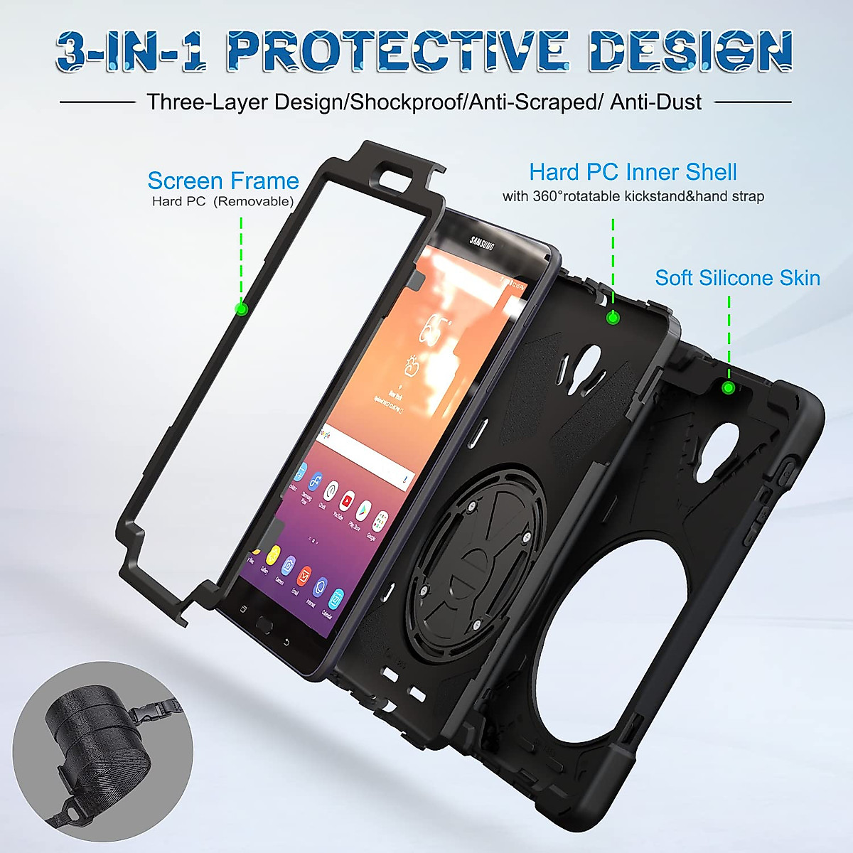 BRAECNstock for Samsung Galaxy Tab A 8.0 2017 Case (SM-T380/T385) Heavy Duty Shockproof Silicone Case with 360° Rotatable Stand&Hand Strap Shoulder Strap Galaxy Tab A SM-T380 Tablet Case Kids - Black
