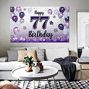 LASKYER Happy 77th Birthday Purple Large Banner - Cheers to 77 Years Old Birthday Home Wall Photoprop Backdrop,77th Birthday Party Decorations.