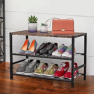 INGIORDAR Shoe Rack Storage Organizer 3 Tier Metal Mesh Shoe Rack Shelf with Industrial MDF Board for Entryways Closets Living Room Bedroom,Black&Rustic Brown