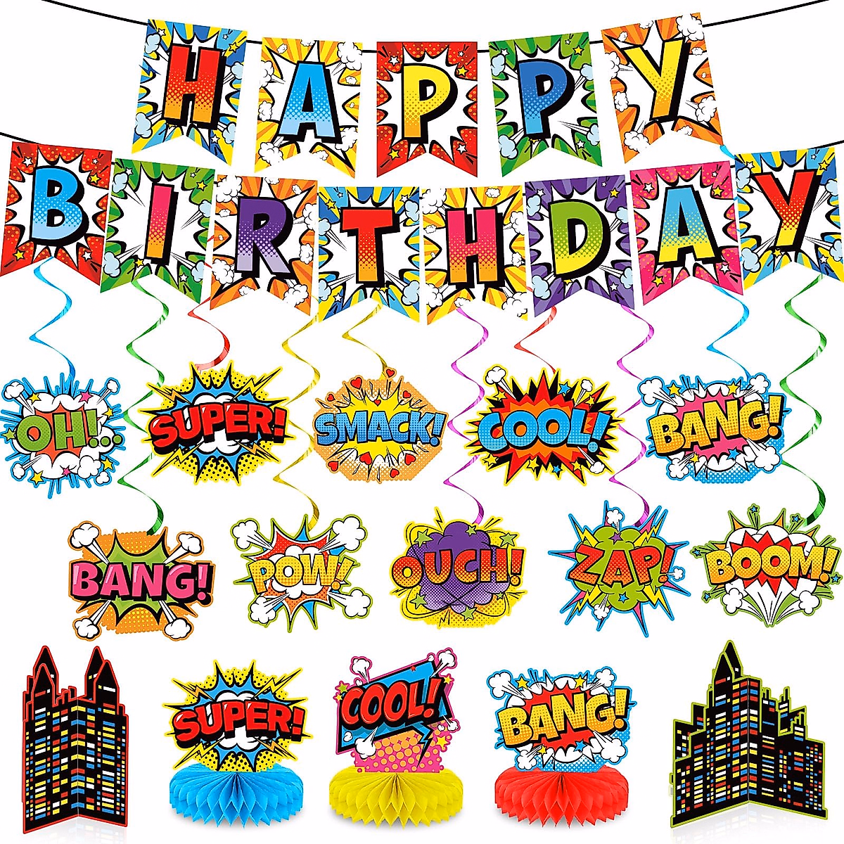 27pcs Super Theme Party Decorations Set Hero Birthday Banner Hanging Swirls and Honeycomb Centerpieces Fun Hero Theme Party Decor for Boys Girls Kids Baby Shower Party Supplies Favor