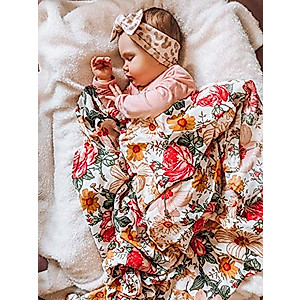 Bamboo Cotton Muslin Floral Swaddle Blankets Girl with Headband| Hospital Newborn Baby Receiving Blanket| Silky Soft Large 47’’X47’’| Newborn Baby Nursery Swaddle Wrap |Birth Announcement Card