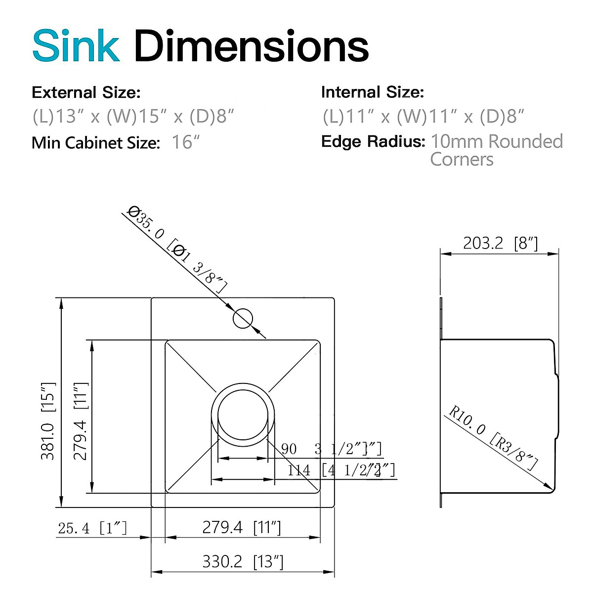 13 Black Drop In Kitchen Bar Sink, ZDHHT 13 x 15 Inches 304 Stainless Steel Topmount Single Bowl Small Kitchen Bar Sink Laundry Sink Outdoor Sink RV Sink