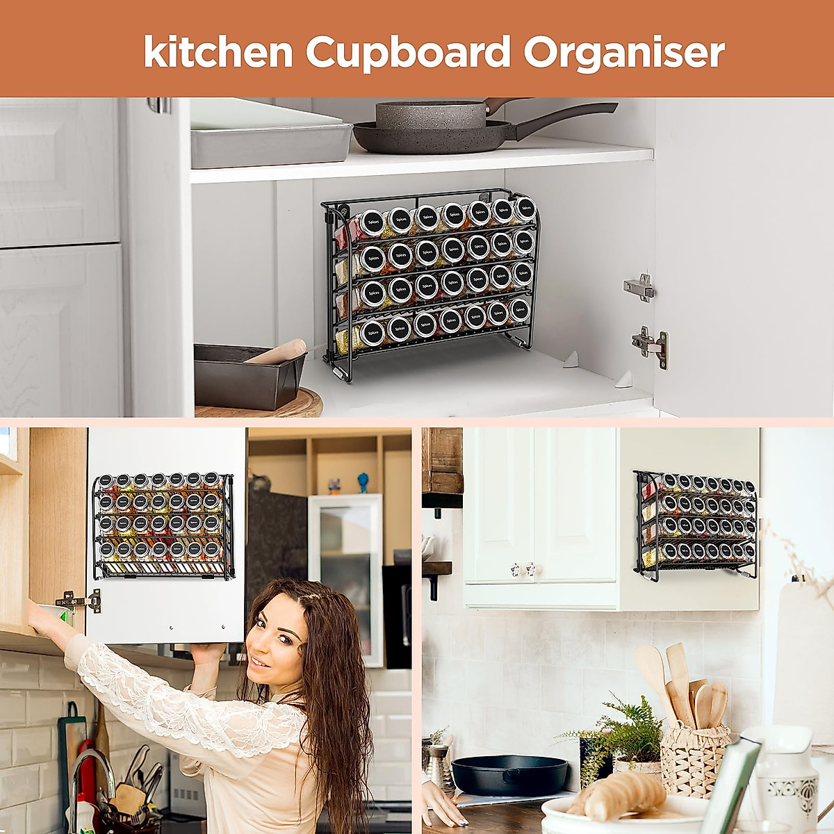 CHARMDI 4 Tier Spice Rack Organizer for Cabinet, Detachable Countertop Spice Rack for Spice Jars(Jars Not Included), Spice Rack Wall mount for Countertop, Cabinet, Kitchen, Black