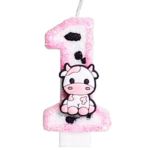 Pink Cow Glitter Birthday Candles Number 1 Birthday Decorations, Holy Cow Im One Birthday Decorations, Number 1 Candle for Cake, Cowgirl Theme Number Candle for Girls First 1st Birthday Party Décor