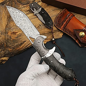 Minowe Handmade Damascus Steel Folding Knife with leather case，3.8in VG10 steel core blade,Steel ball bearings+Carbon Fiber handle，Tactical pocket knife Hiking carry EDC Knife