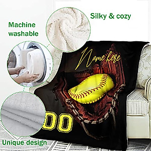 OhaPrints Custom Softball Glove Ball for Player Fan Idea Personalized Name Number Soft Sherpa Throw Blankets Cozy Fuzzy Fleece Throws for Tv Sofa Couch Comfy Fluffy Blanket 30X40 50X60 60X80