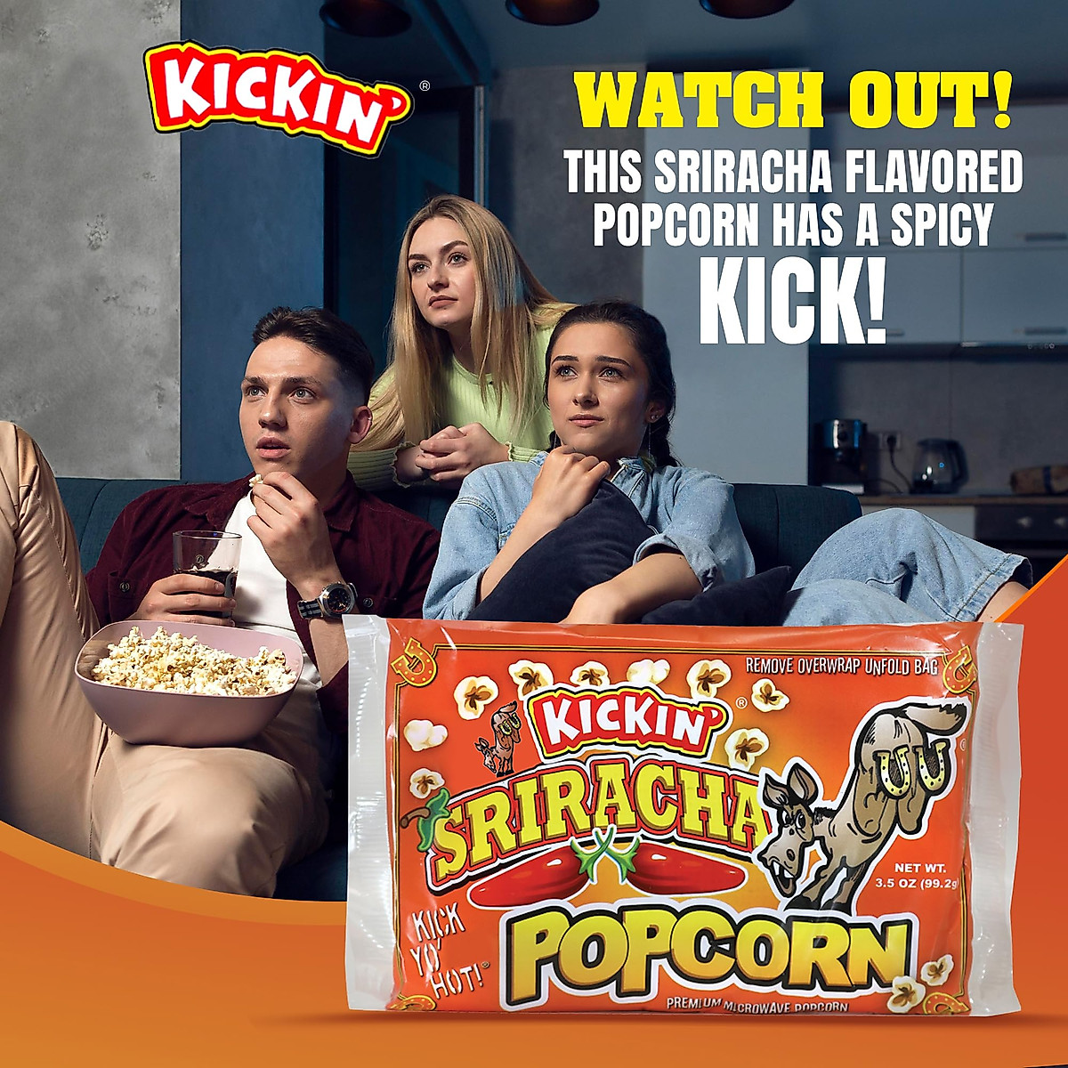 KICKIN' Sriracha Microwave Popcorn Bags - 12 Pack - Ultimate Spicy Popcorn Gourmet Gift - Makes a Great Movie Theater Popcorn or Sriracha Snack Food for Movie Night