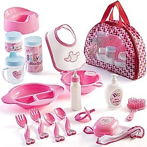 PREXTEX 18-Piece Baby Doll Accessories Set with Carrying Case - Includes Bottle, Sippy Cup, Pacifier, Bib, Hair Brush, Plates and More, Perfect for Kids, Toddlers, and Girls