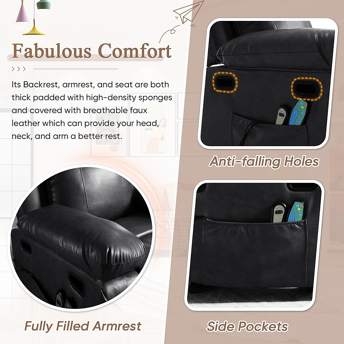 Antetek PU Leather Electric Power Lift Recliner Massage Chair with Heat & Massage for Elderly, Modern Upholstered Reclining Sofa Chair for Living Room Reading Bedroom Home Theater Seating(Black)