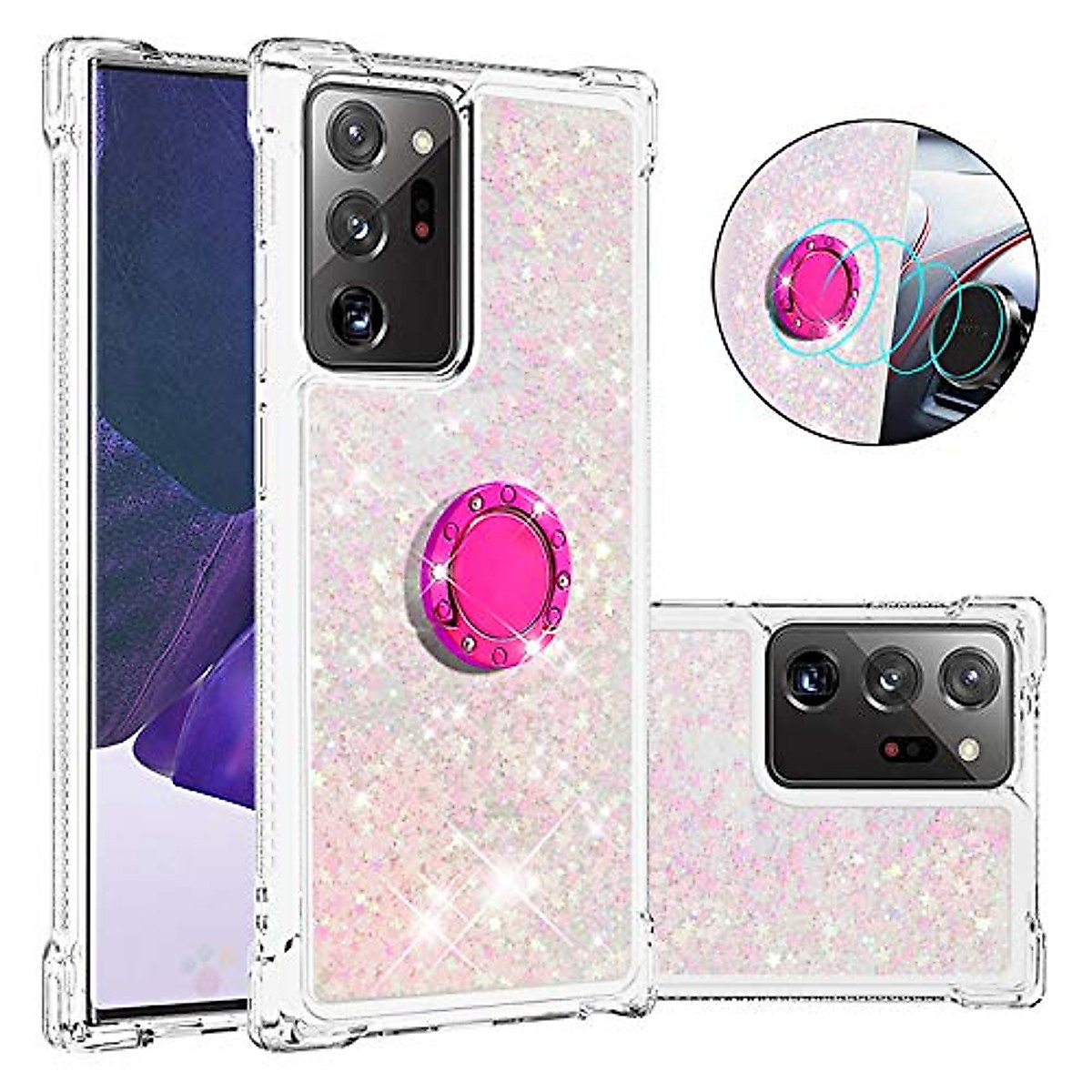 nincyee Shockproof Case for Samsung Galaxy Note20 Ultra,Glitter Bling Shine Diamond Heart Rainbow Quicksand Transparent TPU Shell with Rotating Finger Ring Kickstand